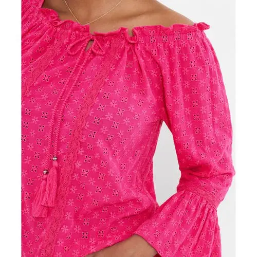JOE BROWNS Bell Sleeve Eyelet Blouse With Tassel Tie - Fuschia