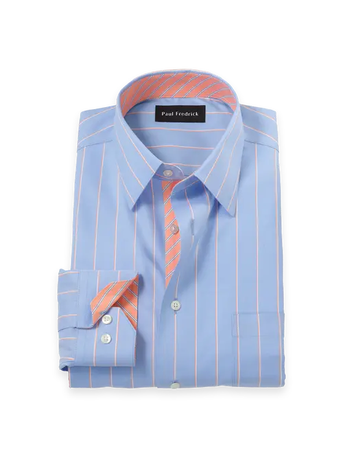PAUL FREDRICK Cotton Poly Spandex Point Collar Twill Slim Contrast Trim Button Cuff Long Sleeve - Blue