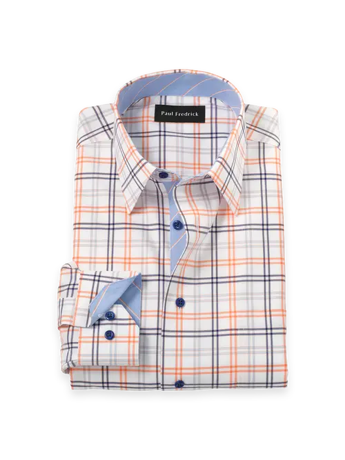 PAUL FREDRICK Cotton Poly Spandex Point Collar Twill Slim Contrast Trim Button Cuff Long Sleeve - Blue/melon