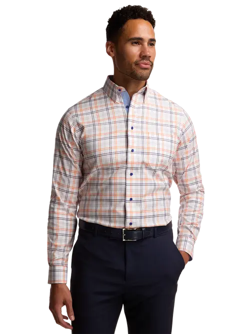 PAUL FREDRICK Cotton Poly Spandex Point Collar Twill Slim Contrast Trim Button Cuff Long Sleeve - Blue/melon
