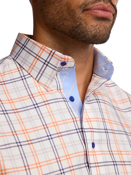 PAUL FREDRICK Cotton Poly Spandex Point Collar Twill Slim Contrast Trim Button Cuff Long Sleeve - Blue/melon