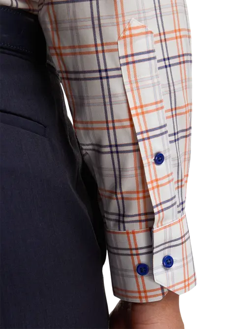 PAUL FREDRICK Cotton Poly Spandex Point Collar Twill Slim Contrast Trim Button Cuff Long Sleeve - Blue/melon