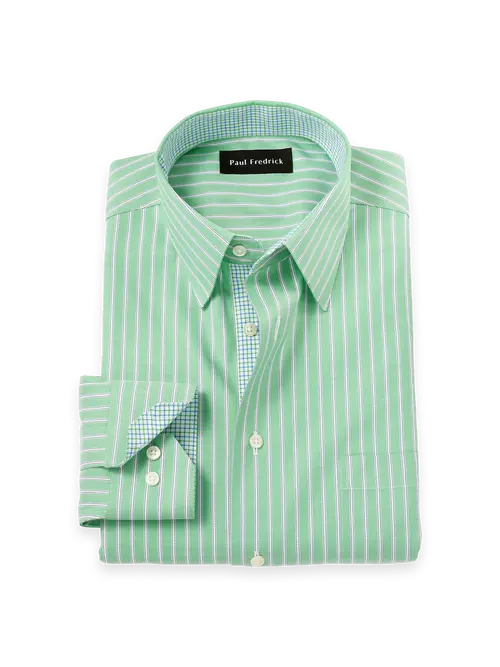 PAUL FREDRICK Cotton Poly Spandex Point Collar Twill Slim Contrast Trim Button Cuff Long Sleeve - Green