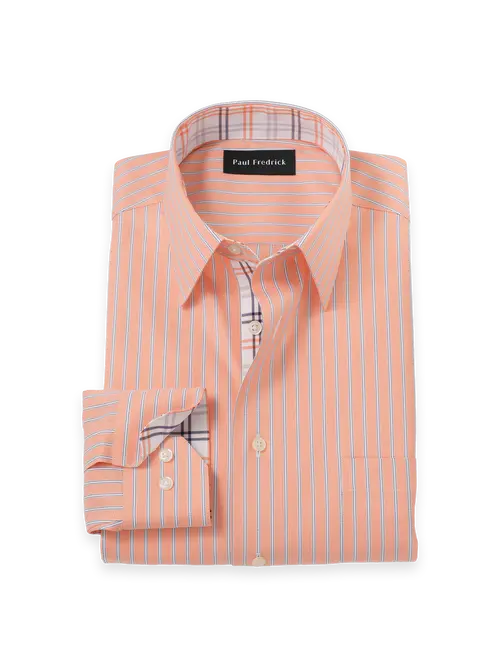 PAUL FREDRICK Cotton Poly Spandex Point Collar Twill Slim Contrast Trim Button Cuff Long Sleeve - Melon