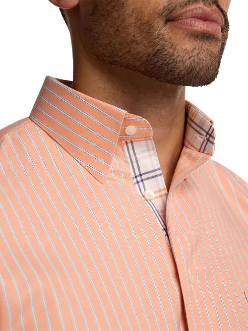 PAUL FREDRICK Cotton Poly Spandex Point Collar Twill Slim Contrast Trim Button Cuff Long Sleeve - Melon