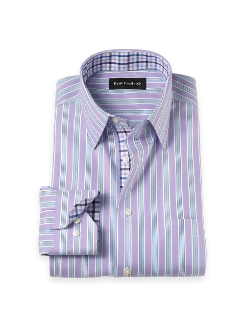 PAUL FREDRICK Cotton Poly Spandex Point Collar Twill Slim Contrast Trim Button Cuff Long Sleeve - Purple
