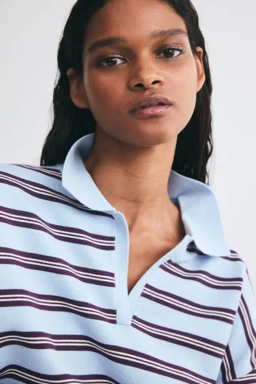 H&M Fine-knit Polo Shirt - Light Blue/striped
