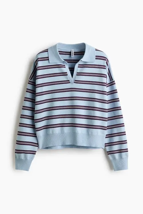 H&M Fine-knit Polo Shirt - Light Blue/striped