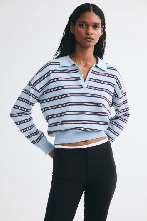 H&M Fine-knit Polo Shirt - Light Blue/striped
