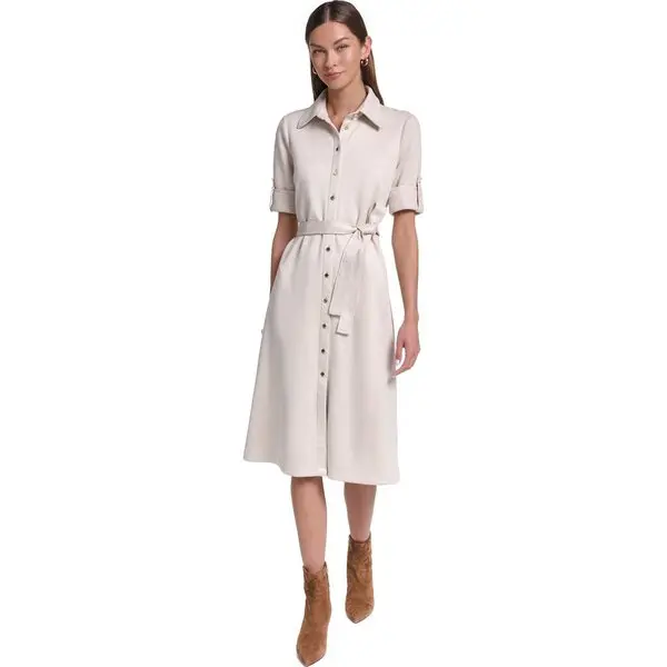 Halston Short Sleeve Suede Midi Shirt Dress
