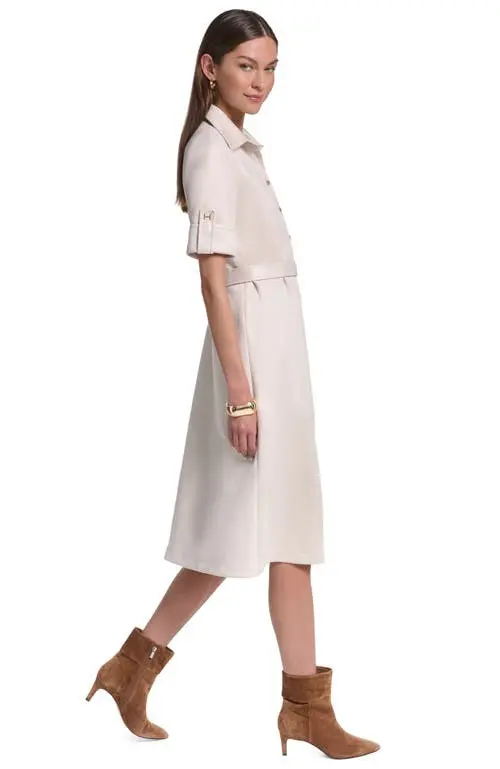Halston Short Sleeve Suede Midi Shirt Dress