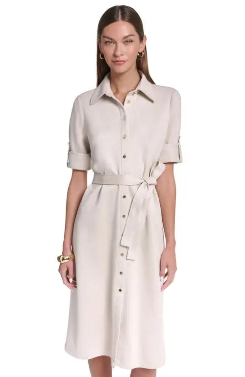 Halston Short Sleeve Suede Midi Shirt Dress
