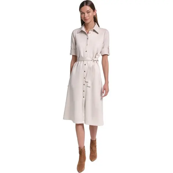 Halston Short Sleeve Midi Shirt Dress - Beige