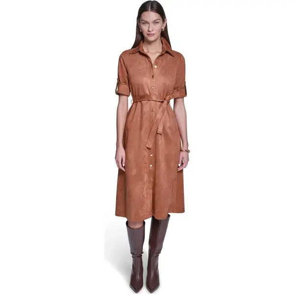 Halston Short Sleeve Midi Shirt Dress - Cognac