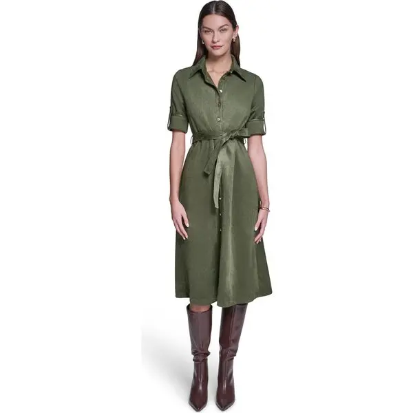 Halston Short Sleeve Midi Shirt Dress - Olive