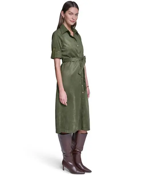 Halston Short Sleeve Midi Shirt Dress - Olive