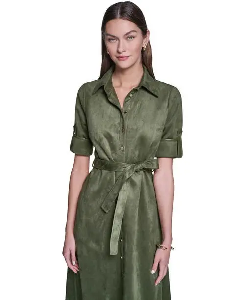 Halston Short Sleeve Midi Shirt Dress - Olive