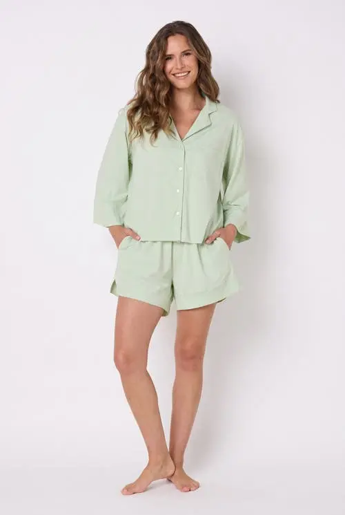 THE CAT'S PAJAMAS The Mariposa Pima Organic Long And Short Pajama Bundle - Celadon