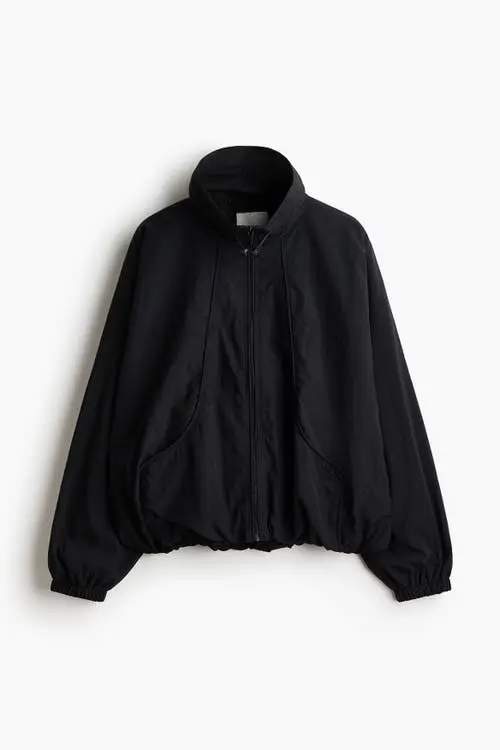 H&M Oversized Nylon Jacket With Funnel Collar And Balloon Sleeves - Black