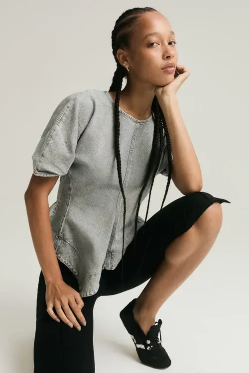 H&M Denim Peplum Blouse With Asymmetric Hem