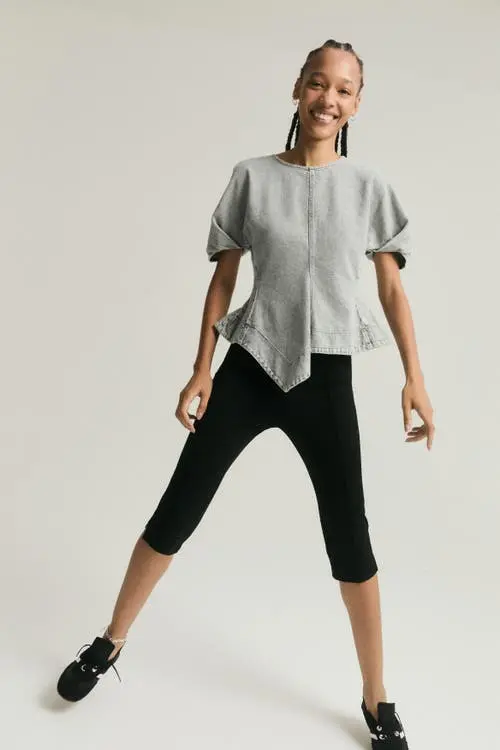 H&M Denim Peplum Blouse With Asymmetric Hem