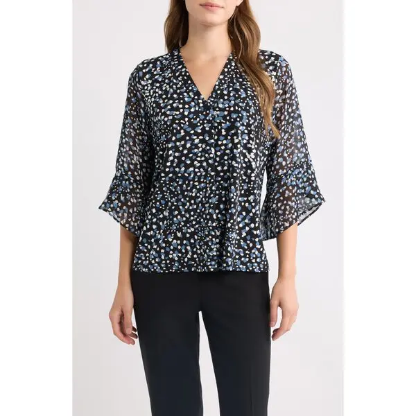 Anne Klein Mixed Media Print Split Neck Blouse - Anne Black/dutch Blue Multi