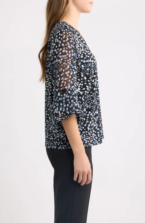 Anne Klein Mixed Media Print Split Neck Blouse - Anne Black/dutch Blue Multi