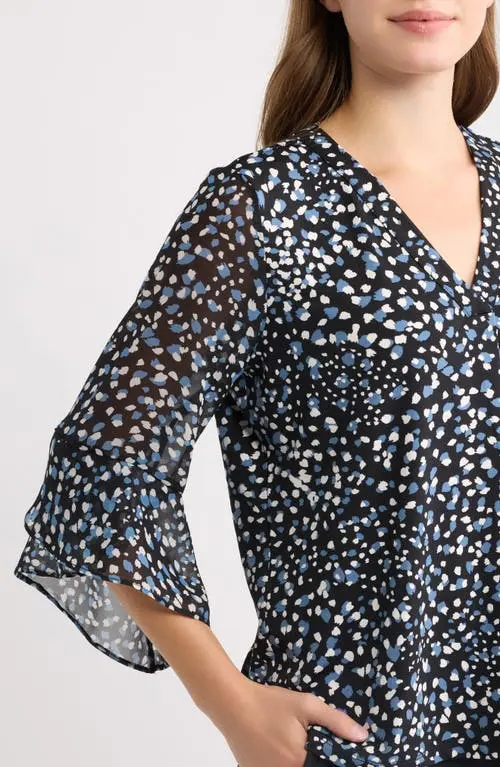 Anne Klein Mixed Media Print Split Neck Blouse - Anne Black/dutch Blue Multi