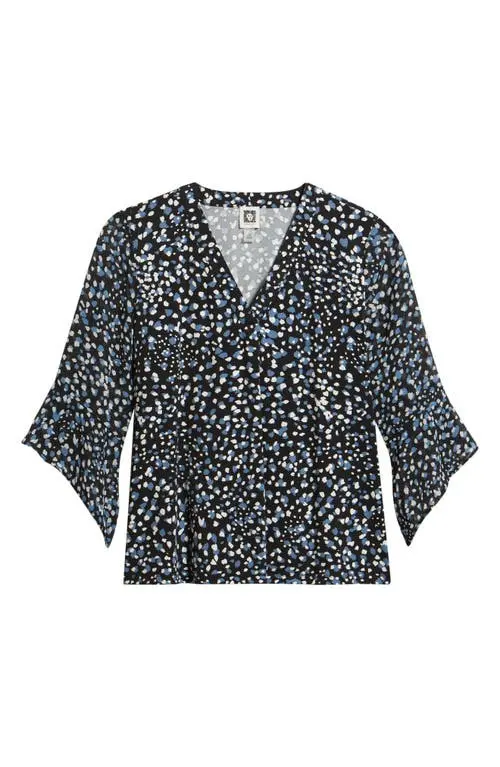 Anne Klein Mixed Media Print Split Neck Blouse - Anne Black/dutch Blue Multi