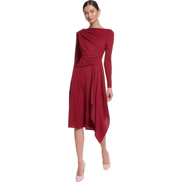 Halston Long Sleeve Draped Jersey Dress With Hardware