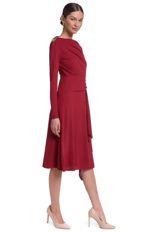 Halston Long Sleeve Draped Jersey Dress With Hardware