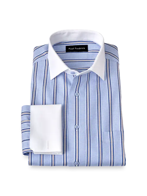 PAUL FREDRICK Cotton Spread Collar Dobby Tailored Contrast Trim French Cuff Long Sleeve - Blue/red
