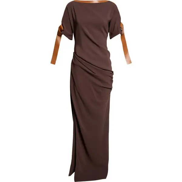 FERRAGAMO Leather Trim Jersey Maxi Dress