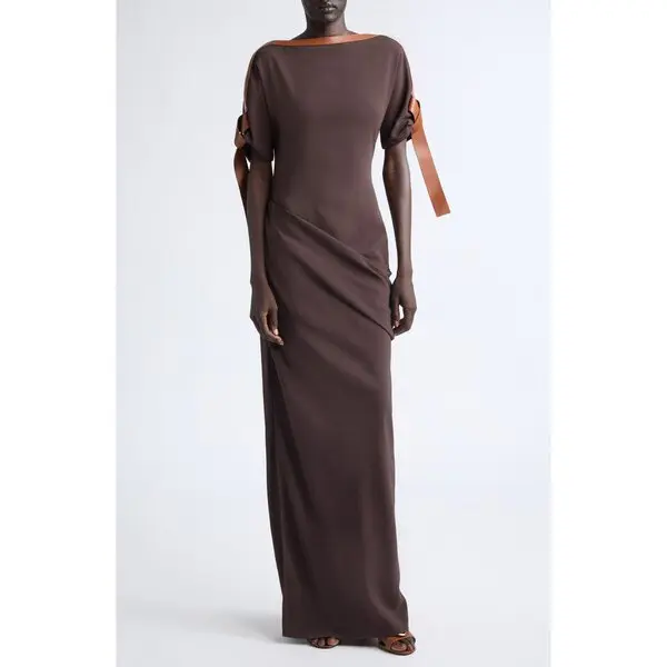 FERRAGAMO Leather Trim Jersey Maxi Dress - Expresso/cognac
