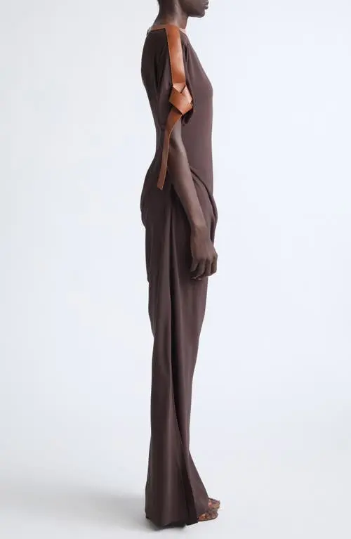 FERRAGAMO Leather Trim Jersey Maxi Dress - Expresso/cognac