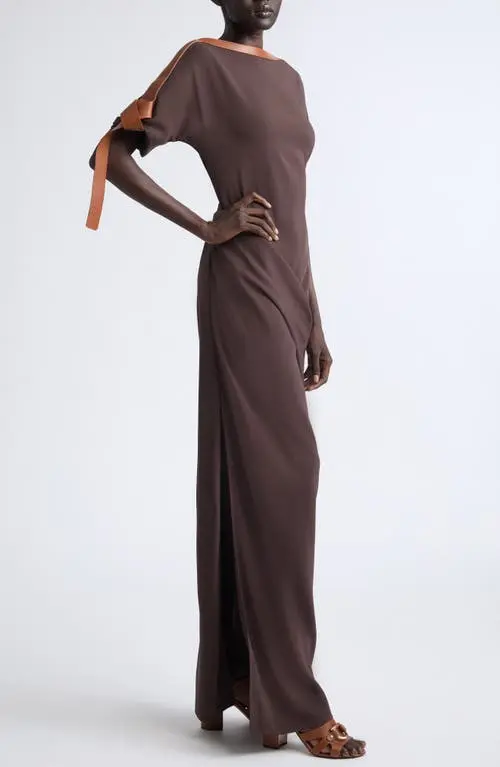 FERRAGAMO Leather Trim Jersey Maxi Dress - Expresso/cognac