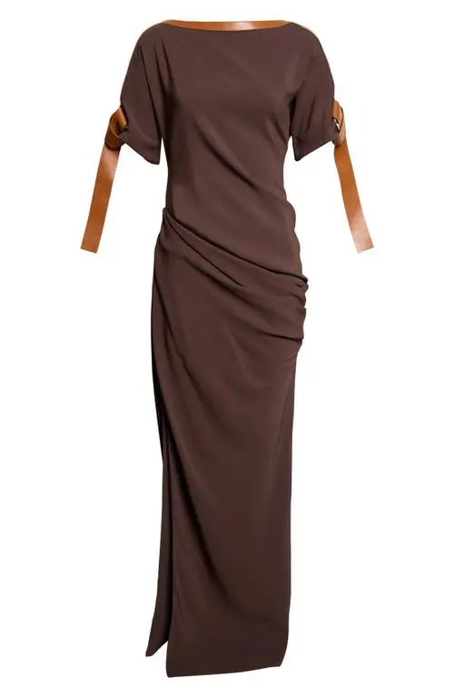 FERRAGAMO Leather Trim Jersey Maxi Dress - Expresso/cognac