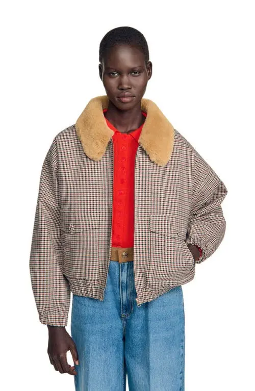 Sandro Faux Fur-lined Checked Coat - Brown
