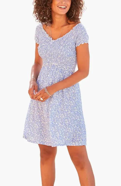 LASCANA Smocked Pattern Dress - Blue-patterned