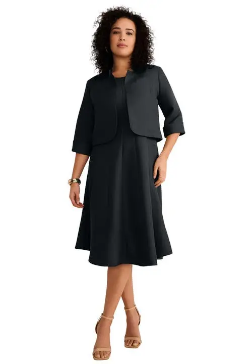 Roaman's Elbow Sleeve Fit And Flare Dress With Bolero Jacket 2-piece Suit - Black