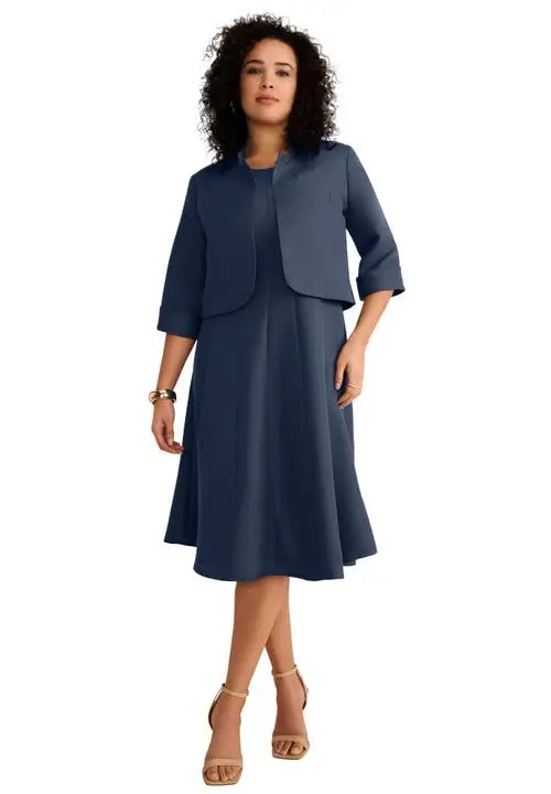 Roaman's Elbow Sleeve Fit And Flare Dress With Bolero Jacket 2-piece Suit - Navy