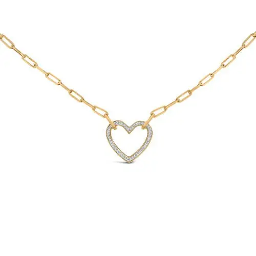 HAUS OF BRILLIANCE Gold Vermeil Diamond Heart Pendant Paperclip Chain Necklace - Silver