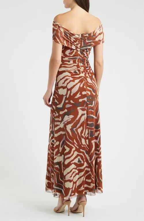 Parker Off-the-shoulder Ruched Mesh Dress