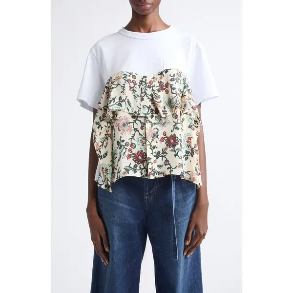 Sacai Floral Print Mixed Media T-shirt