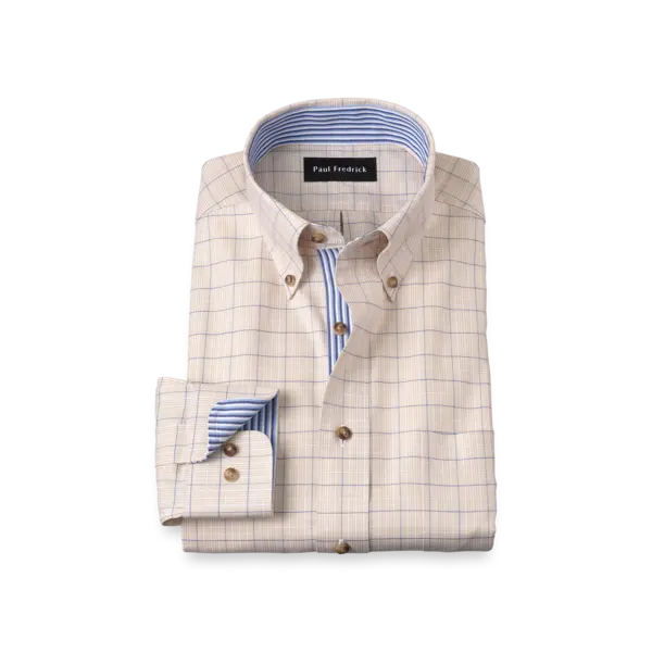 PAUL FREDRICK Cotton Buttondown Collar Twill Slim Contrast Trim Button Cuff Long Sleeve - Tan