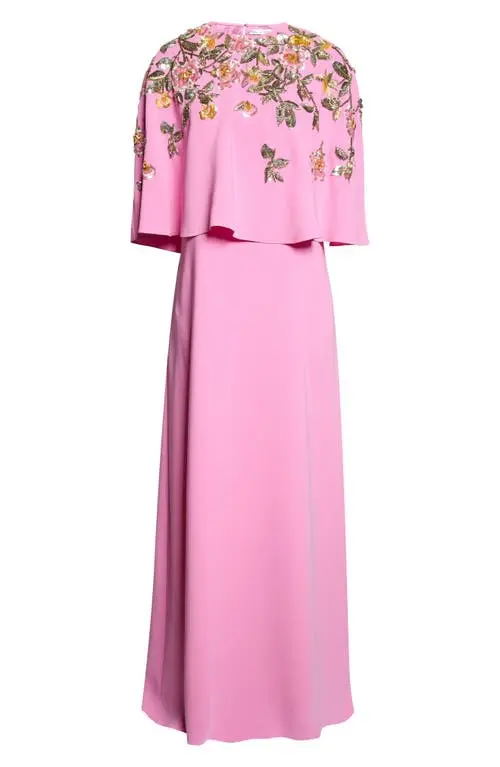 Oscar De La Renta Beaded Mixed Botanical Embroidered Stretch Silk Georgette Dress - Rosebud