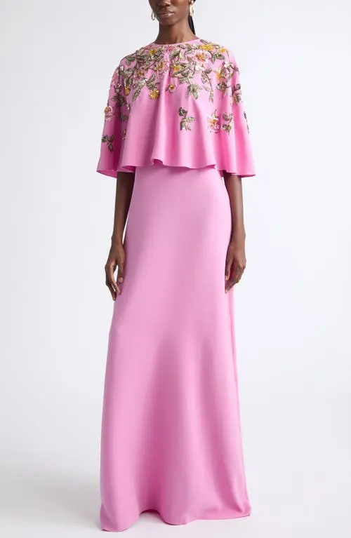 Oscar De La Renta Beaded Botanical Embroidered Stretch Silk Georgette Dress With Capelet