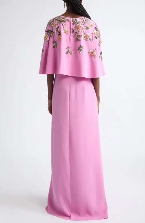 Oscar De La Renta Beaded Botanical Embroidered Stretch Silk Georgette Dress With Capelet