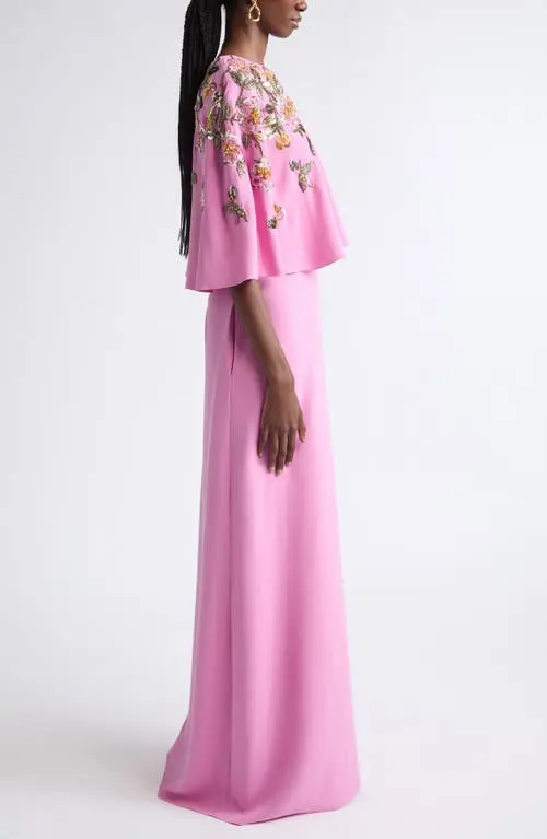 Oscar De La Renta Beaded Botanical Embroidered Stretch Silk Georgette Dress With Capelet