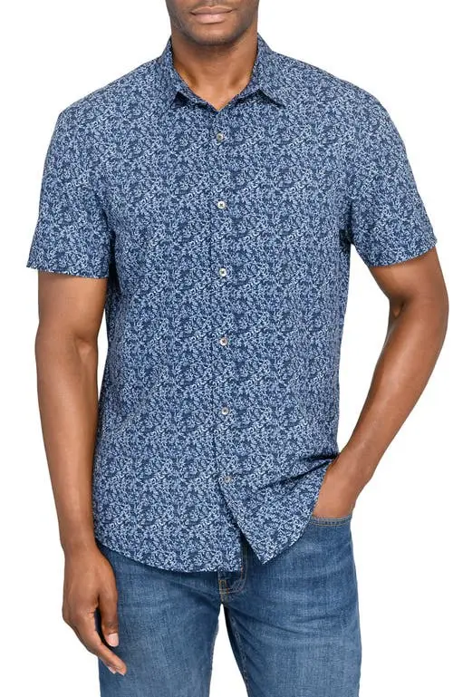 W.R.K Slim Fit Floral Stem Recycled Polyester Short Sleeve Shirt - Navy